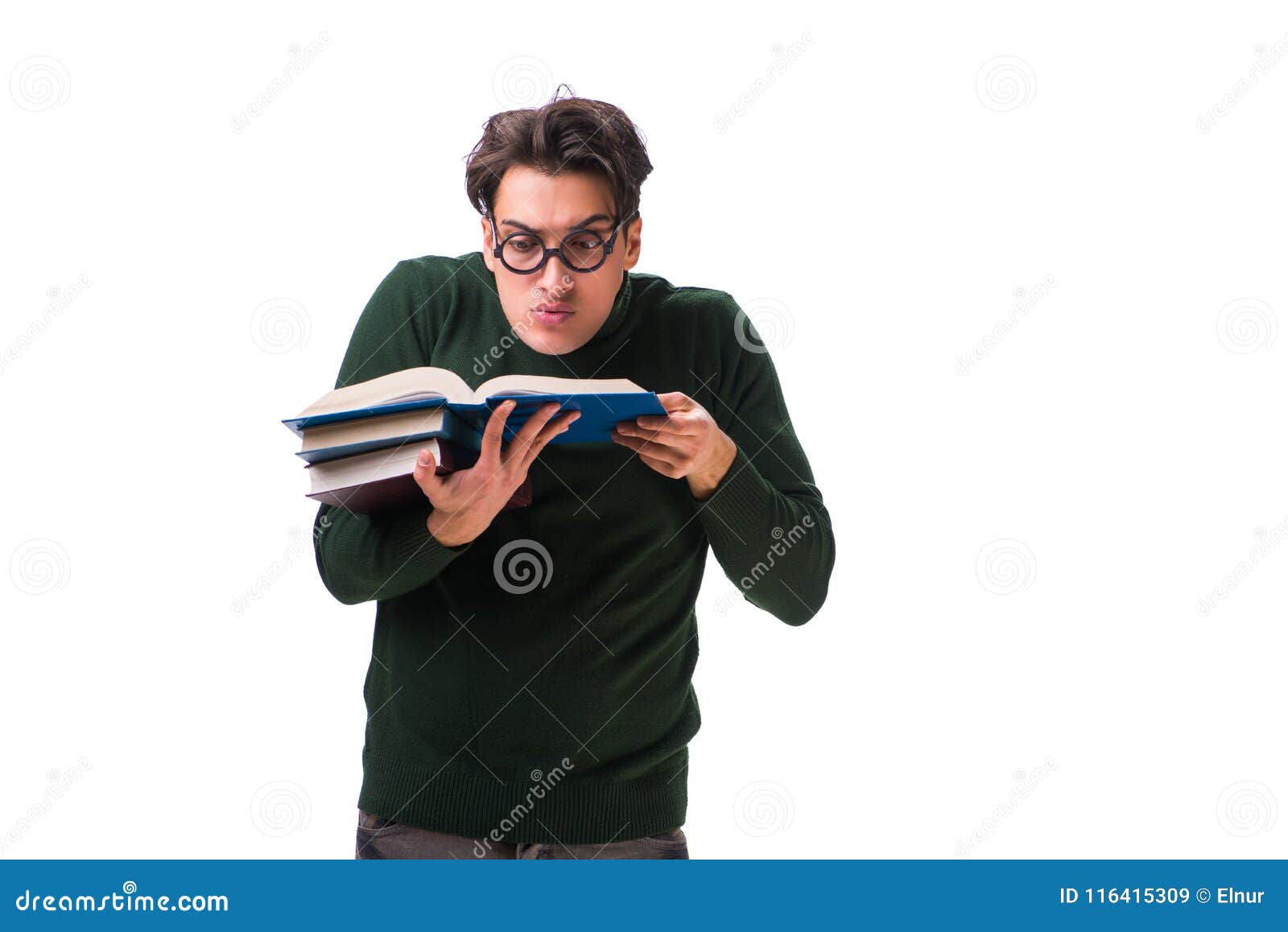 The Nerd Young Student with Books Isolated on White Stock Image - Image ...