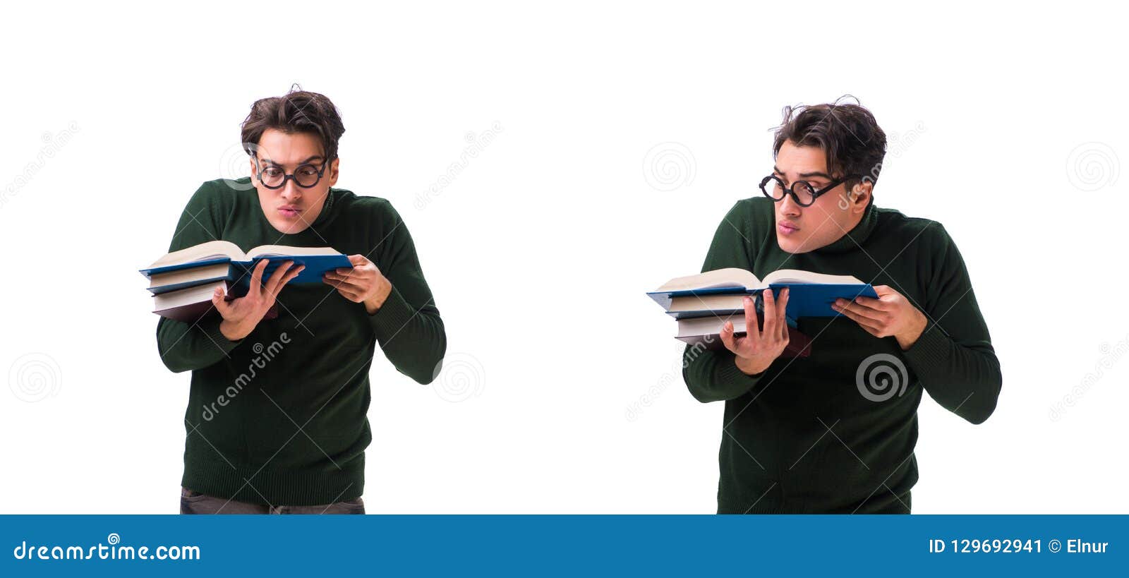 The Nerd Young Student with Books Isolated on White Stock Image - Image ...
