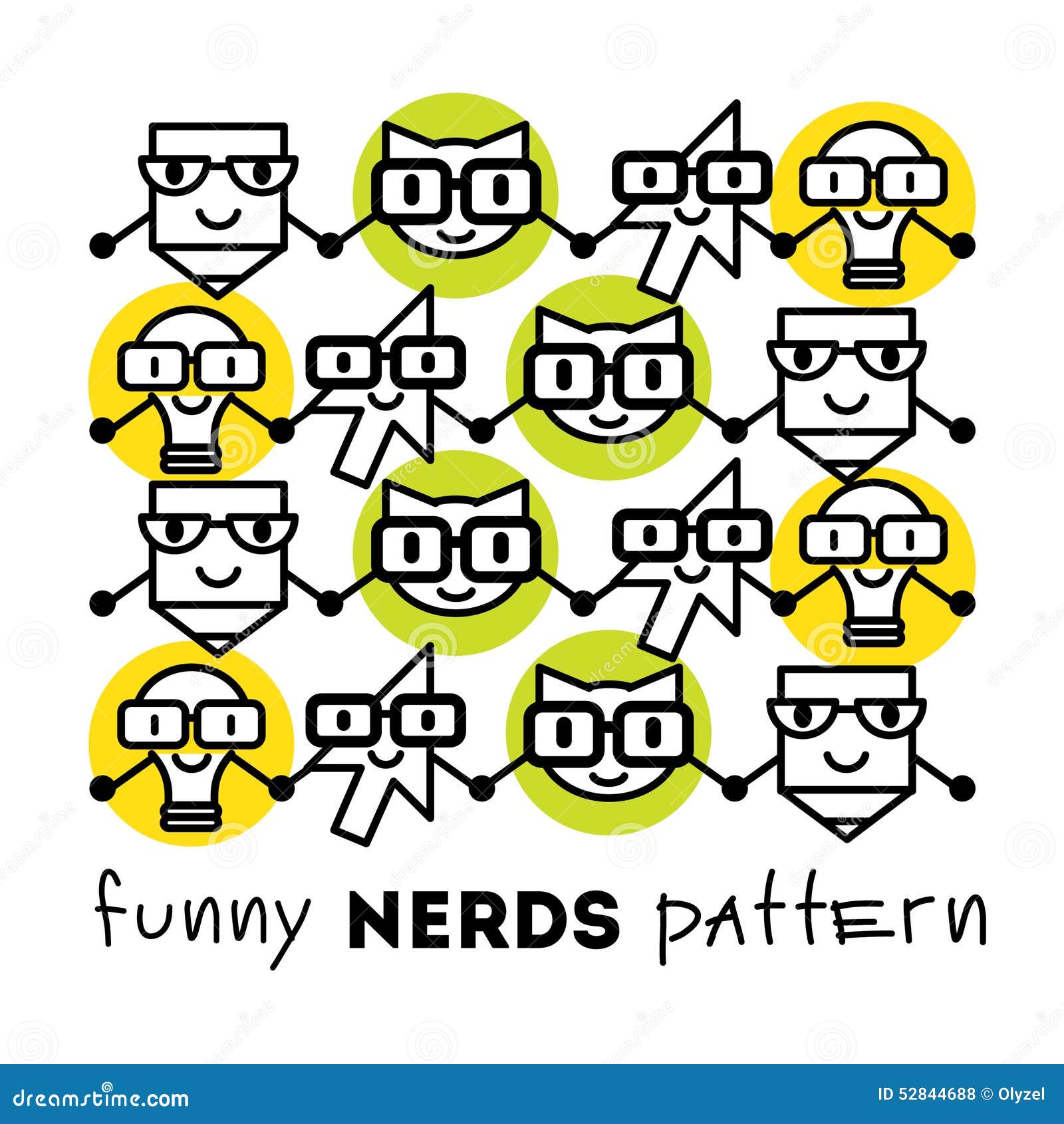 Nerds Icon Set Pattern with Funny Faces in Glasses Pencil, Lamp, Cat ...