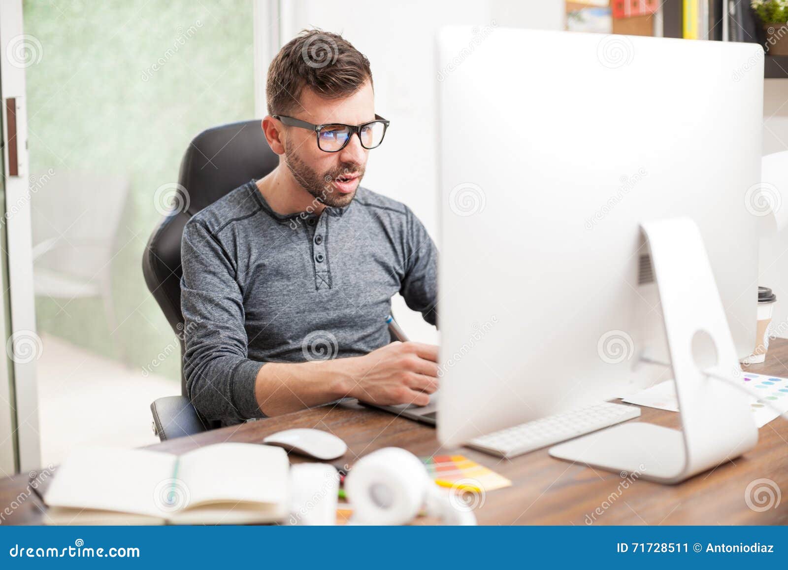 Nerdy Graphic Designer in Front of a Computer Stock Image - Image of ...