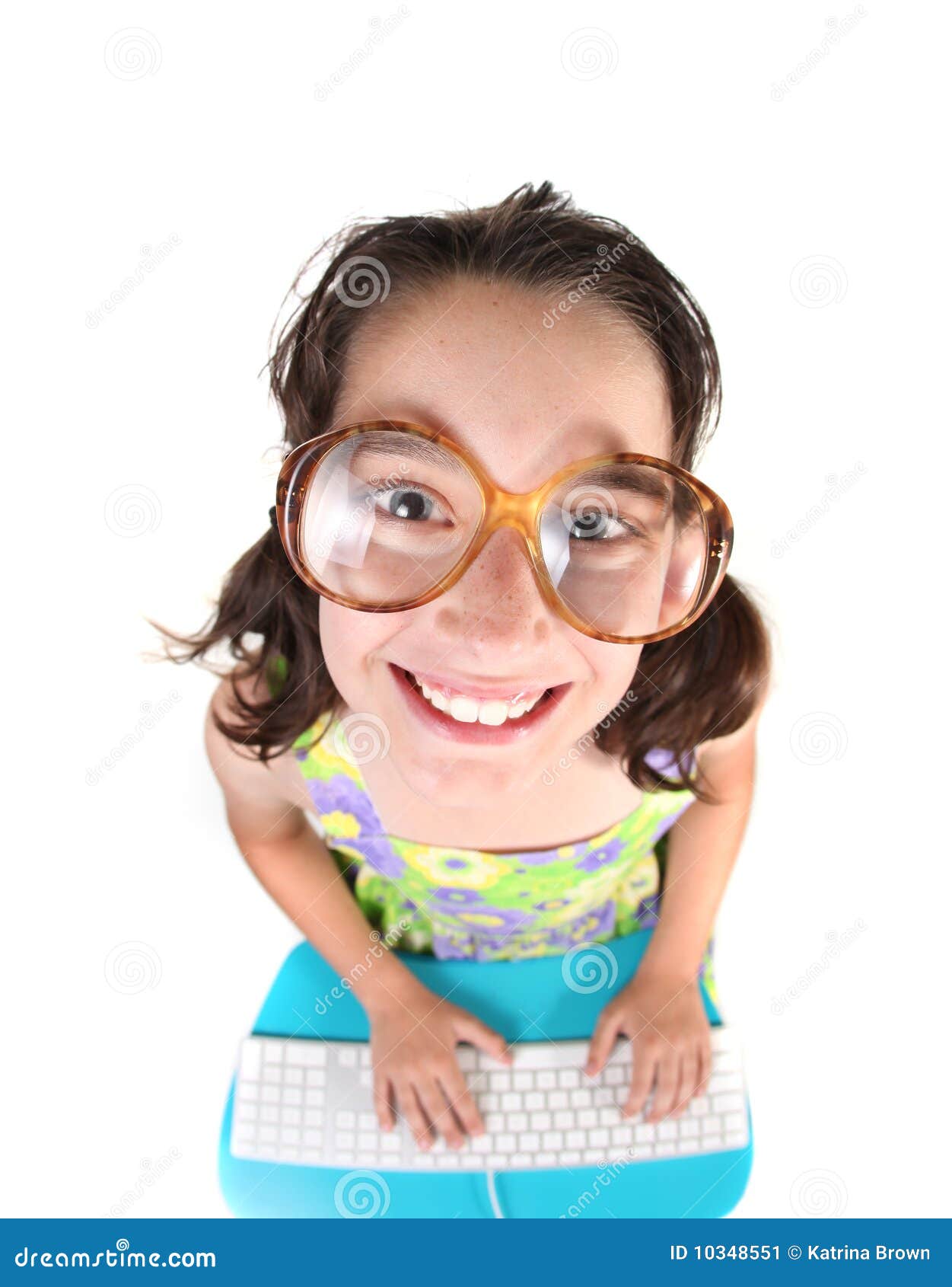 Nerdy Kid Using Computer Looking Up Smiling Stock Image - Image of ...
