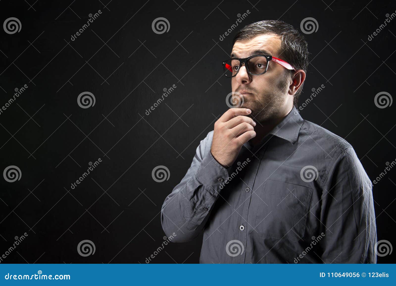 Nerdy Man Thinking stock photo. Image of shirt, think - 110649056