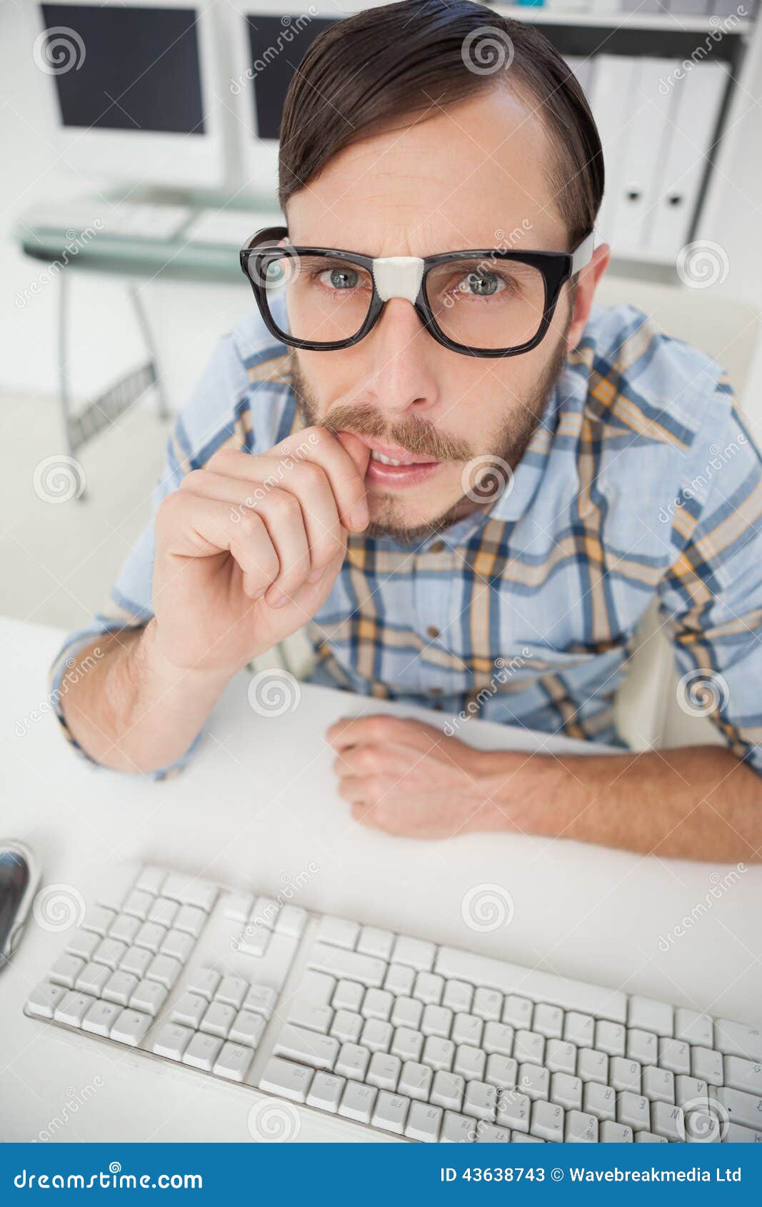Nerdy Nervous Businessman Working on Computer Stock Image - Image of ...