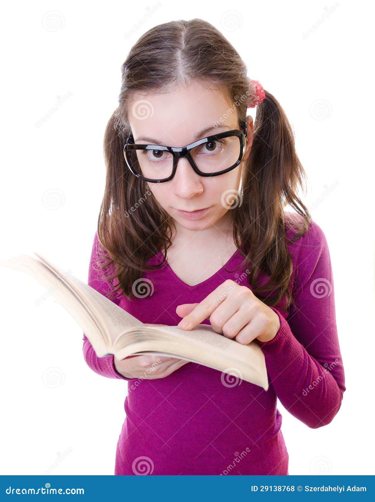 Nerdy Young Woman Student Reading Book Stock Photo - Image of isolated ...