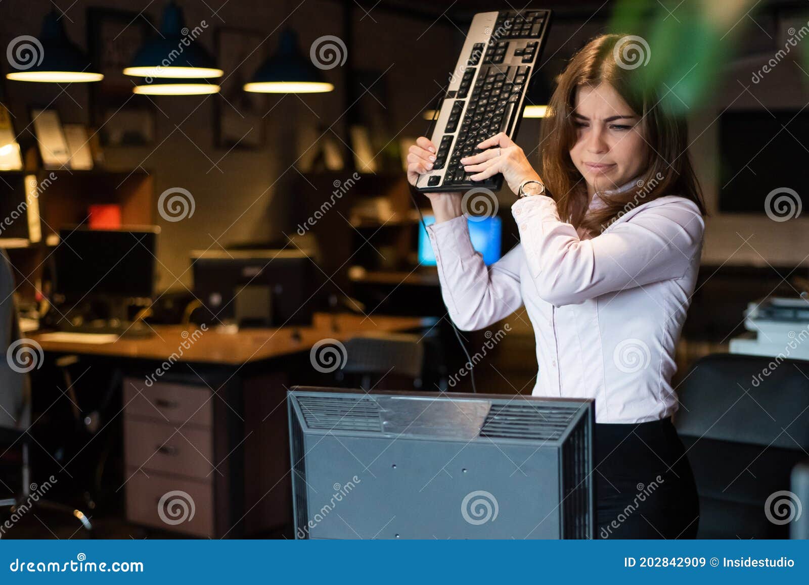 Nervous Breakdown at Work. Business Woman Freaks Out and Breaks the ...