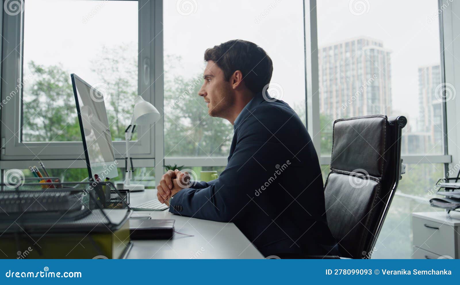 Nervous Businessman Talking Online Conference at Workplace. Annoyed ...