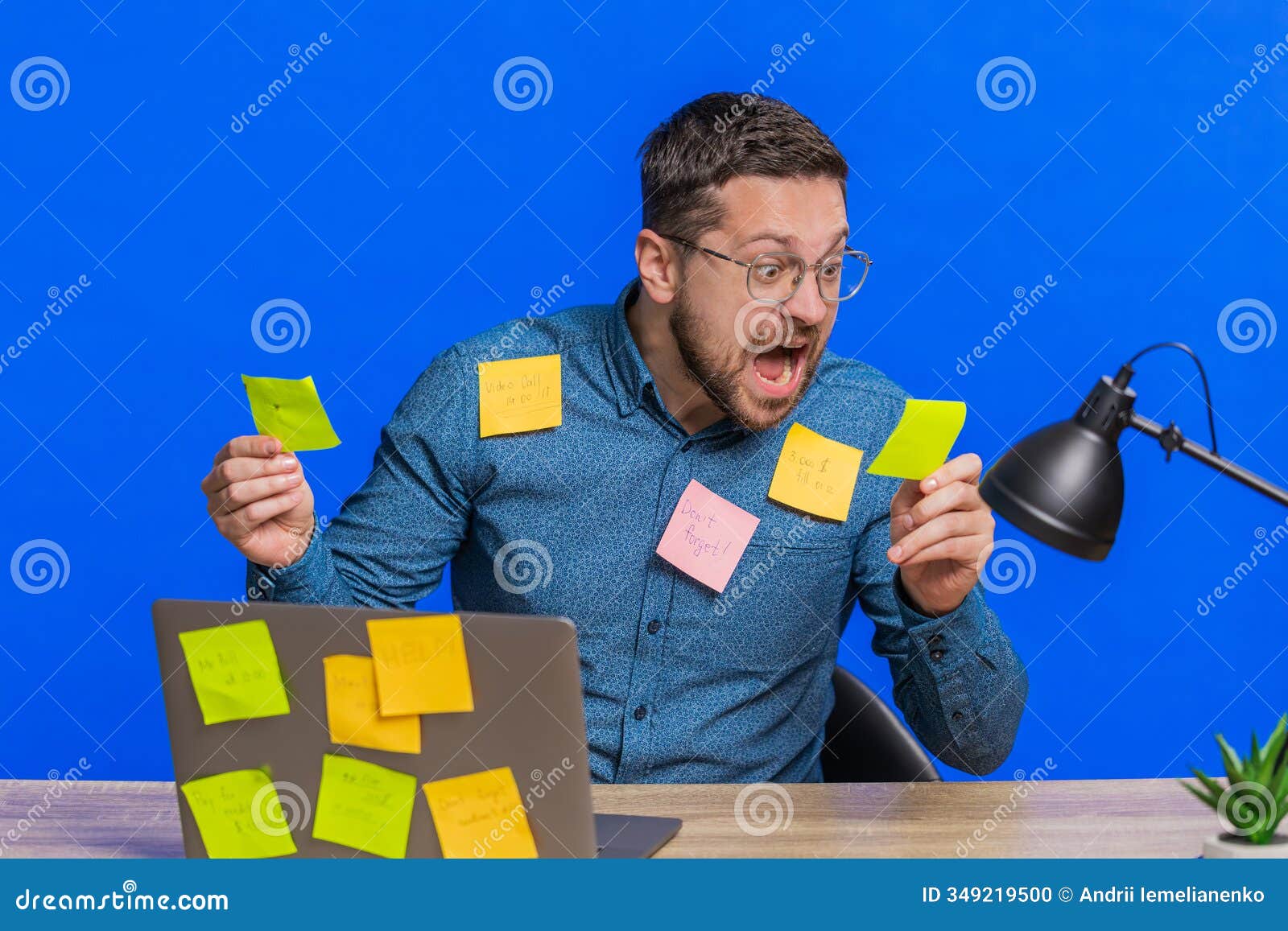Nervous Man with Pasted Sticker Notes Use Laptop Having Concentration ...