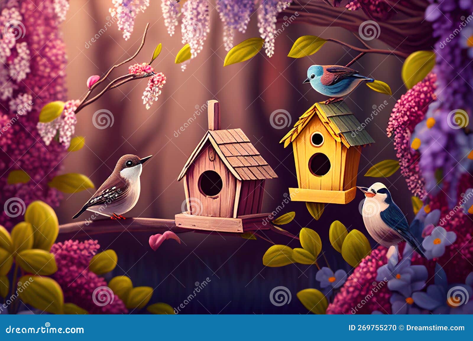 Nest Boxes of Colorful Spring Birds. Ai Generative Stock Illustration ...