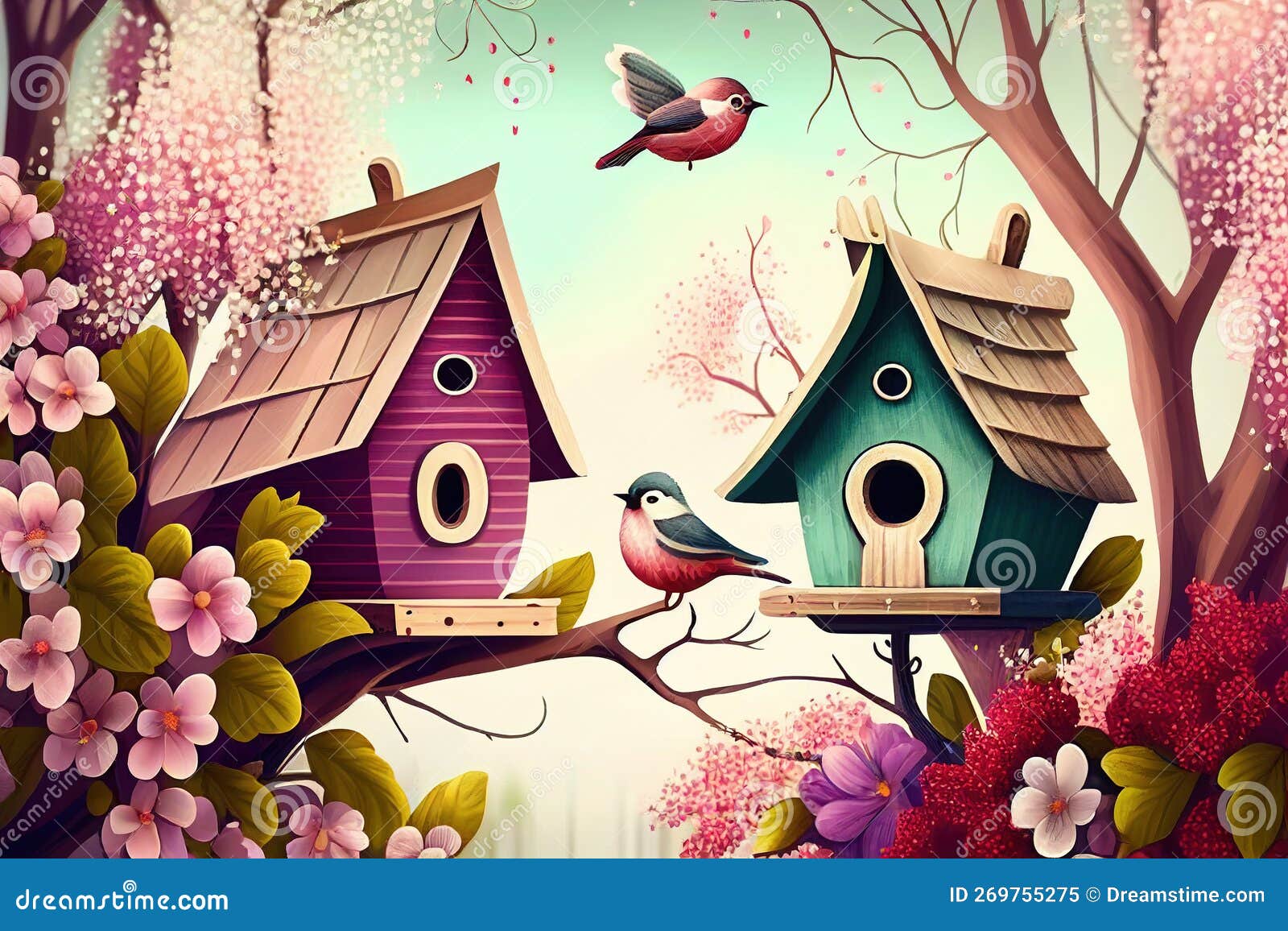 Nest Boxes of Colorful Spring Birds. Ai Generative Stock Illustration ...
