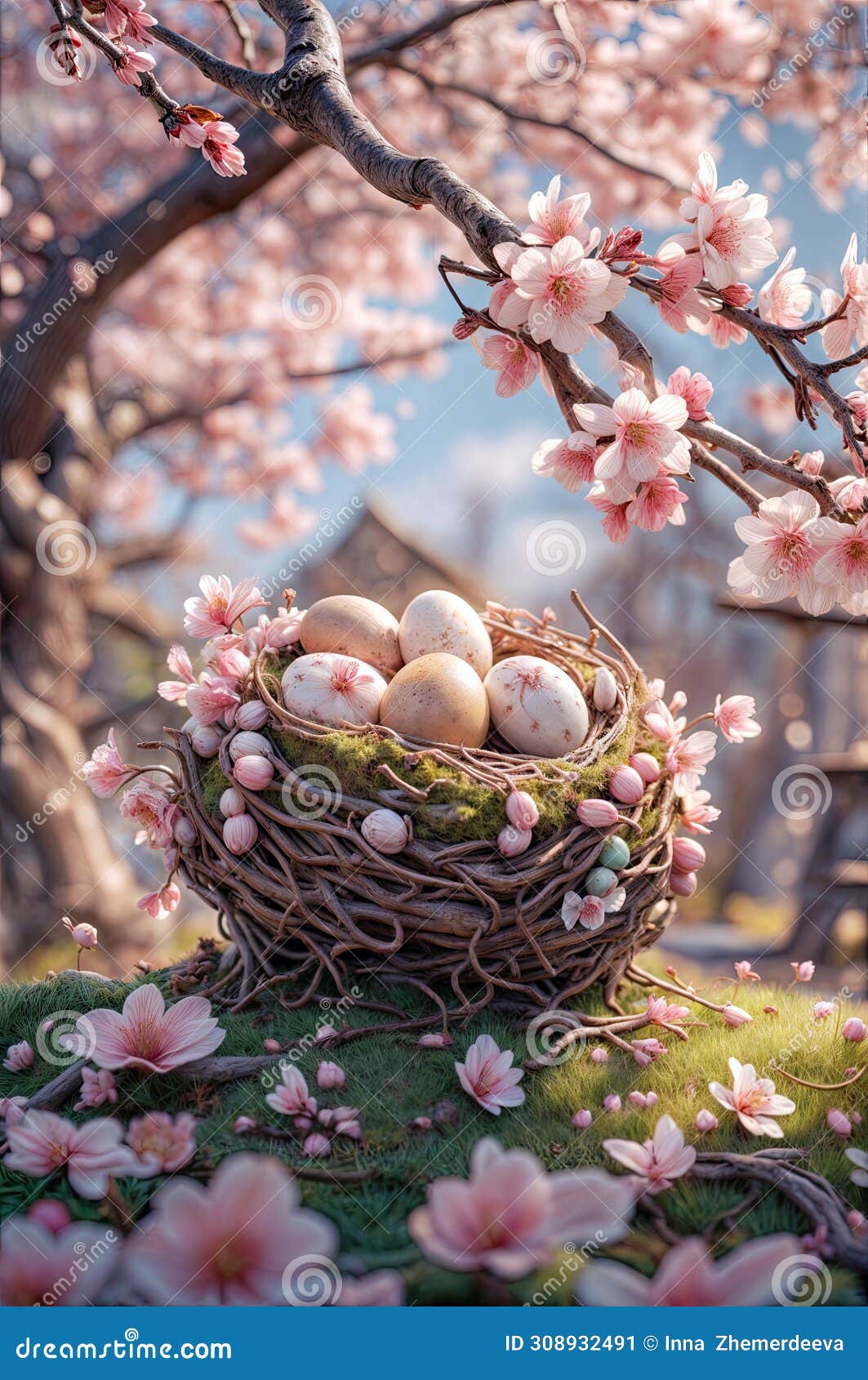 Nest with Easter Eggs in a Magical Spring Garden with Flowering Trees ...