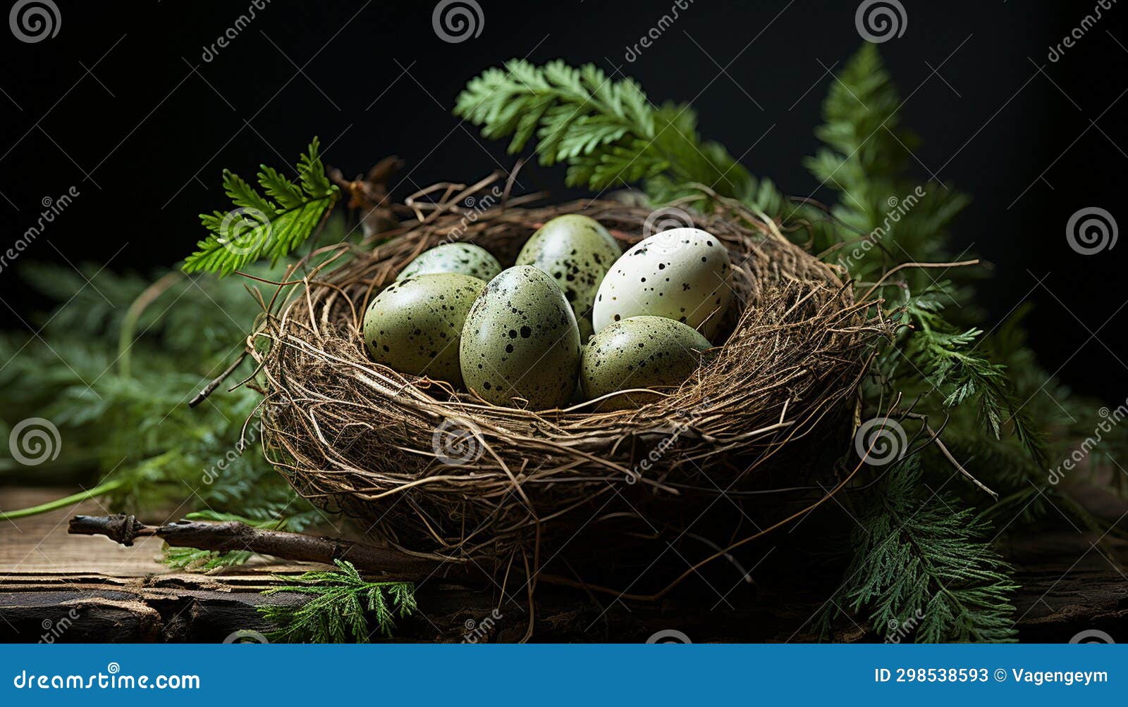 Nest with Speckled Eggs Surrounded by Ferns on a Dark Background Stock ...