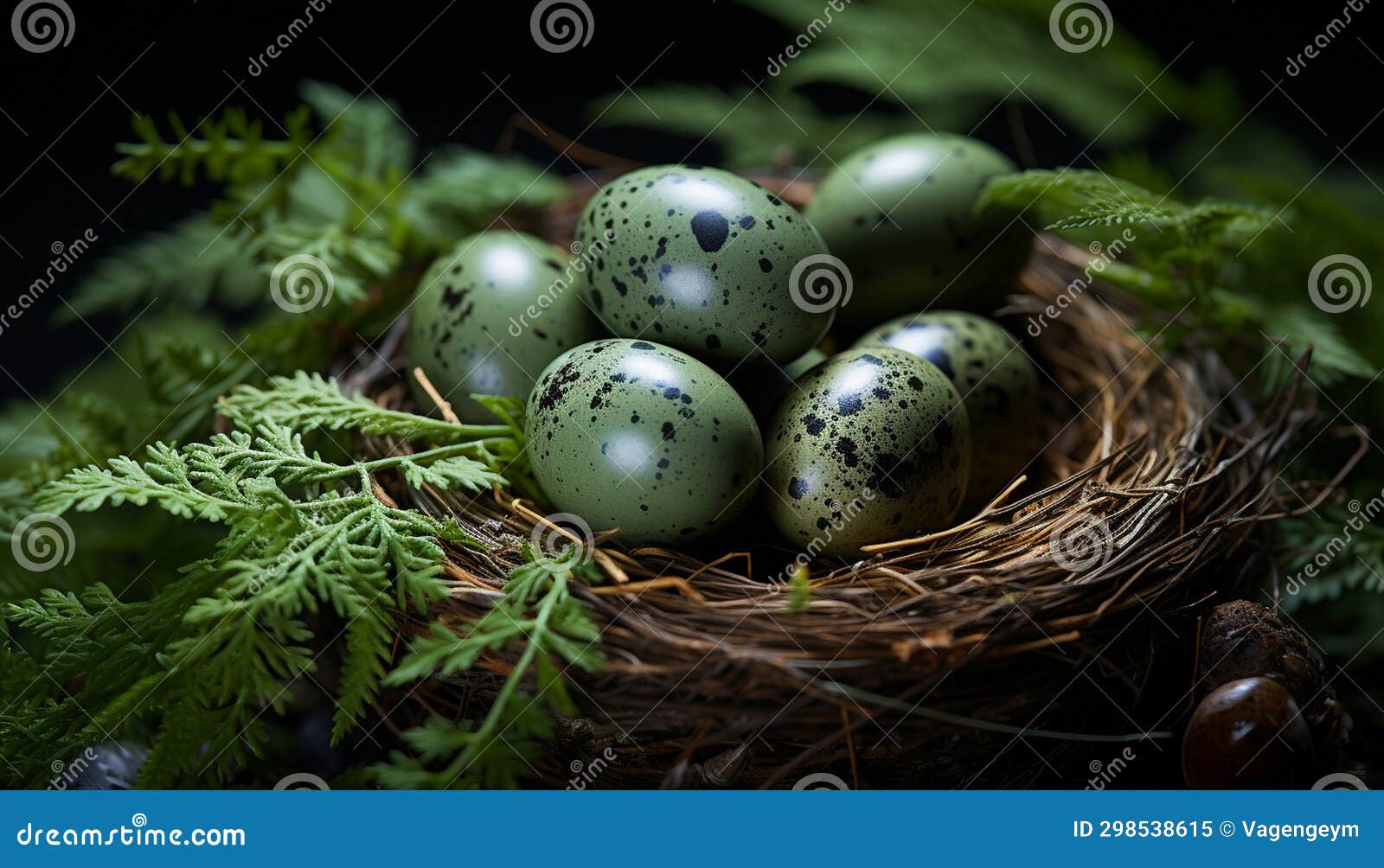 Nest with Speckled Eggs Surrounded by Ferns on a Dark Background Stock ...