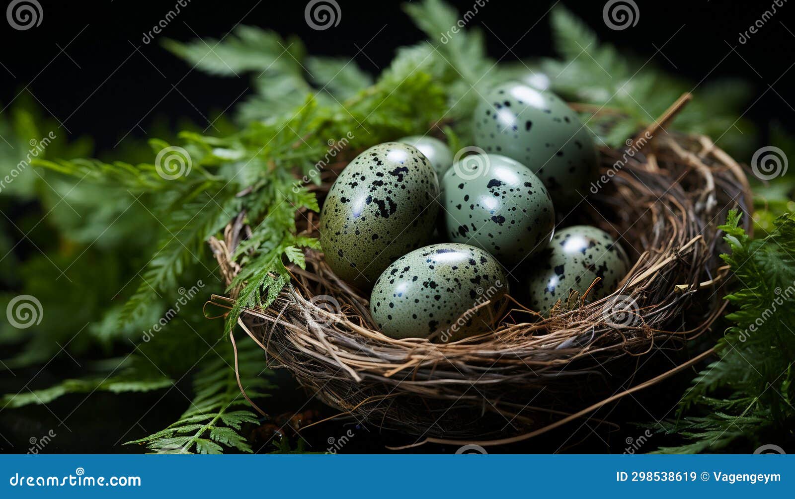 Nest with Speckled Eggs Surrounded by Ferns on a Dark Background Stock ...