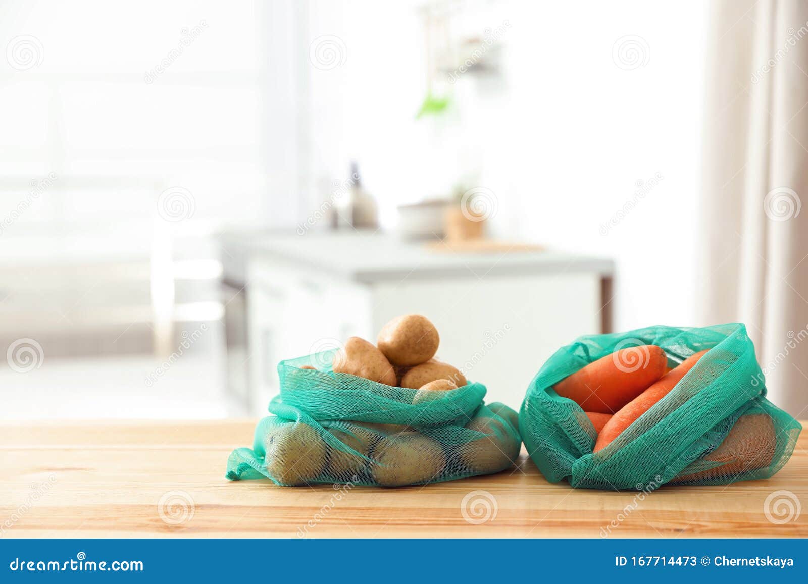 Net Bags with Vegetables on Table in Kitchen Stock Image - Image of ...