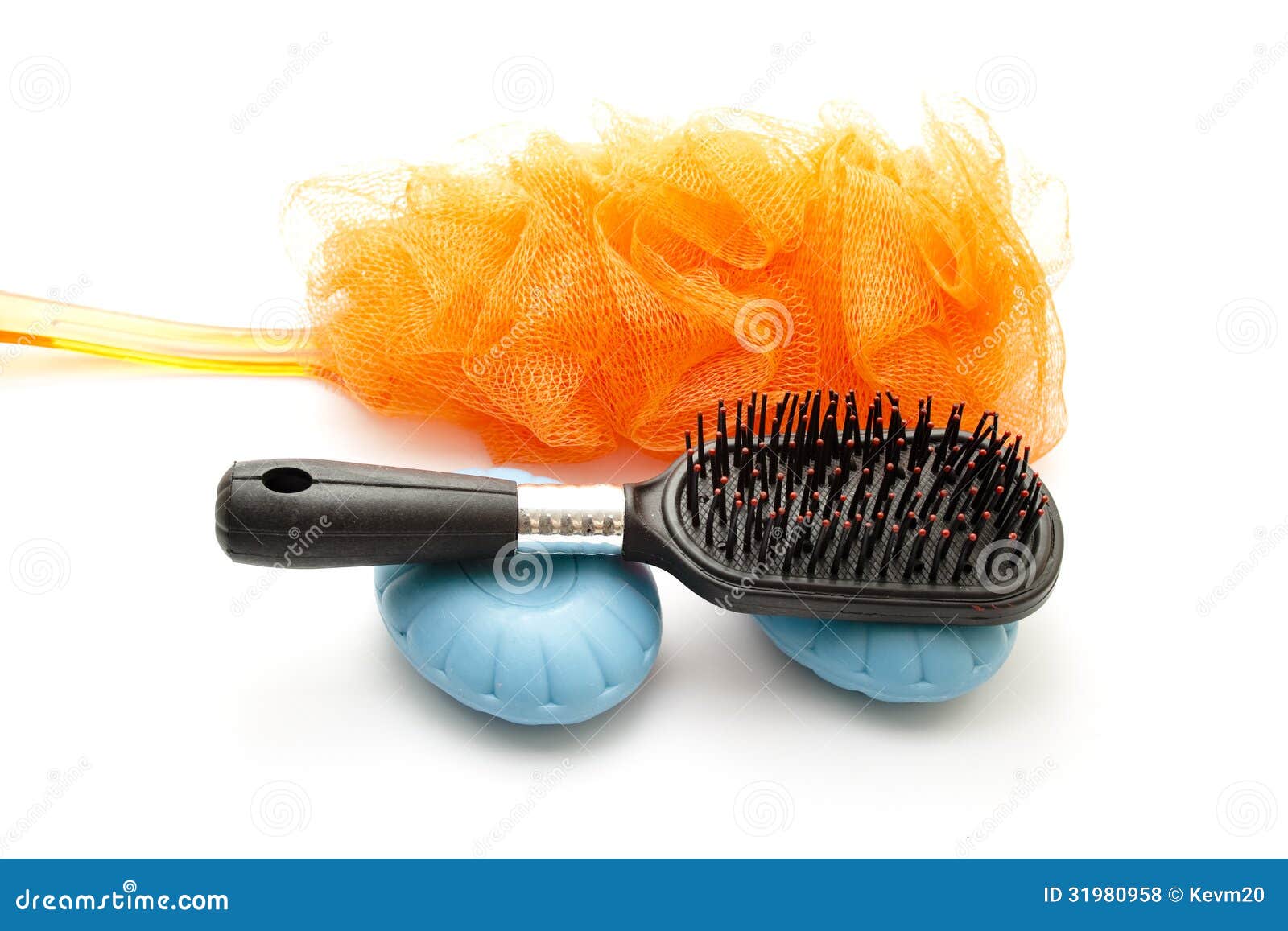 Net Sponge with Blue Soap and Hairbrush Stock Photo - Image of cleaning ...