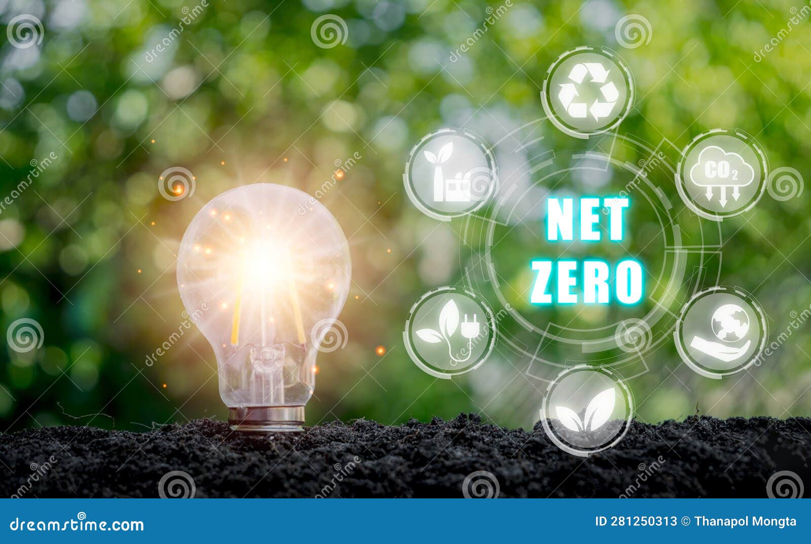 Light Bulb on Soil with Net Zero Icon on Vitual Screen Stock Image ...