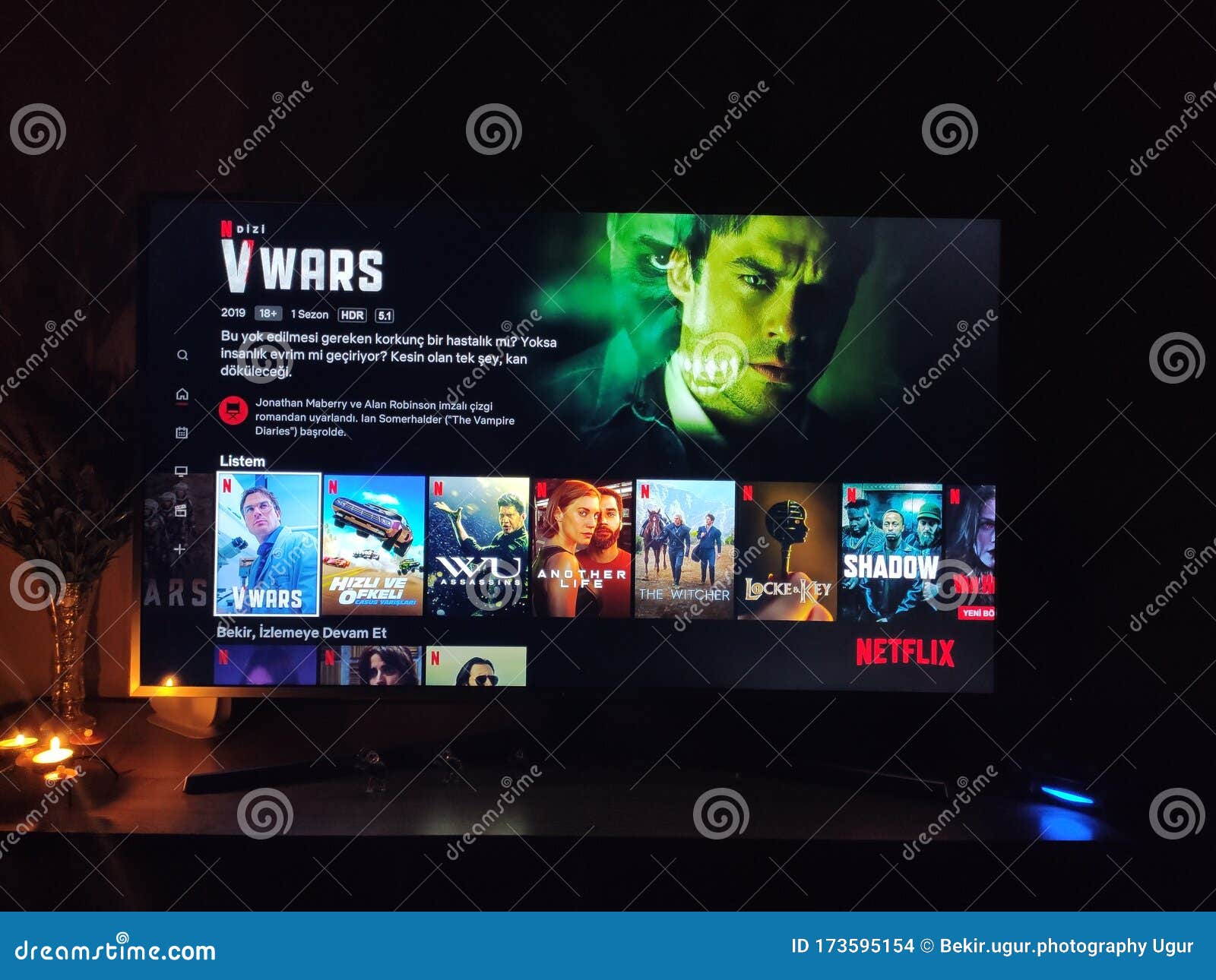 Netflix App on Tv Screen Playing and the `V Wars` Series Logo Behind ...