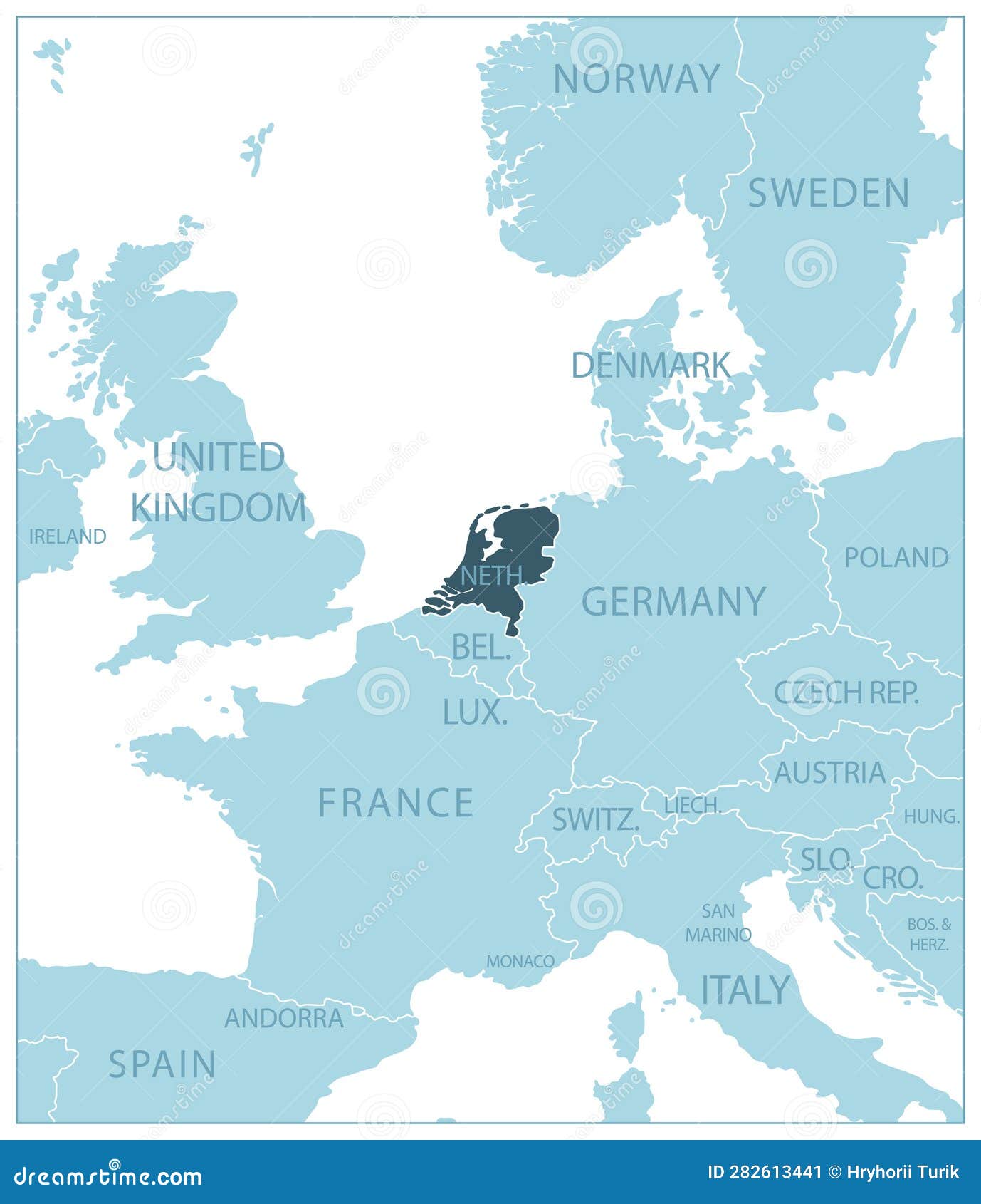 Netherlands - Blue Map with Neighboring Countries and Names Stock ...