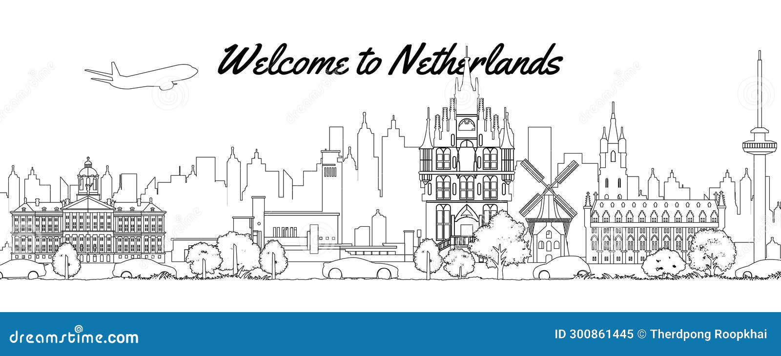 Netherlands Famous Landmarks by Silhouette Outline Style Stock Vector ...