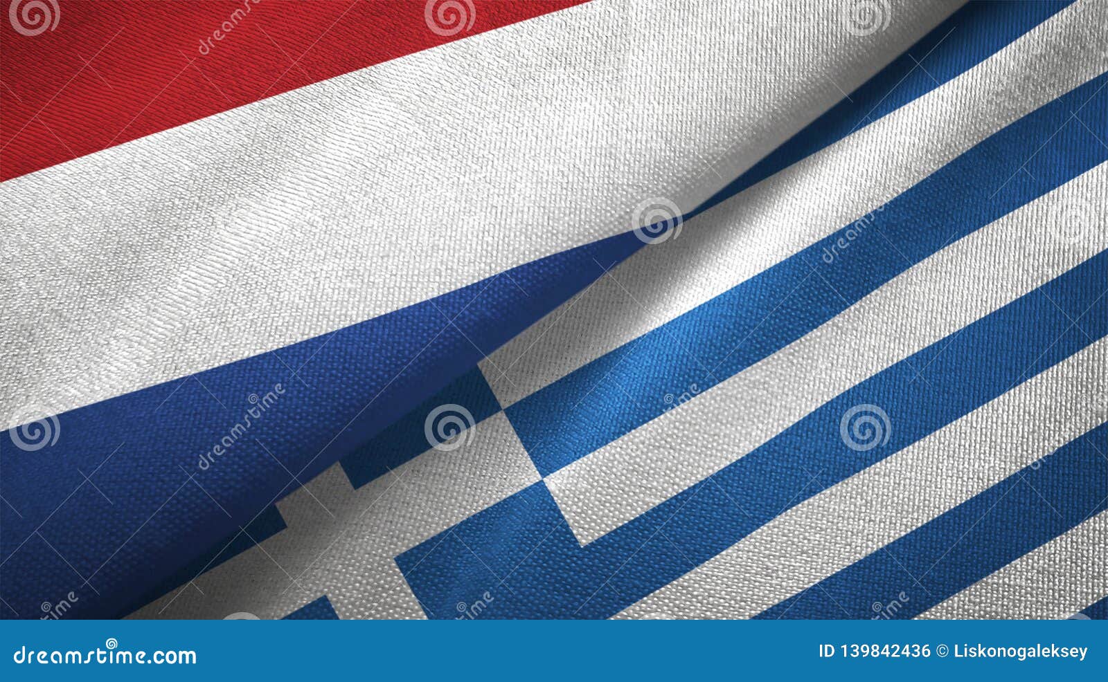 Netherlands and Greece Two Flags Textile Cloth, Fabric Texture Stock ...
