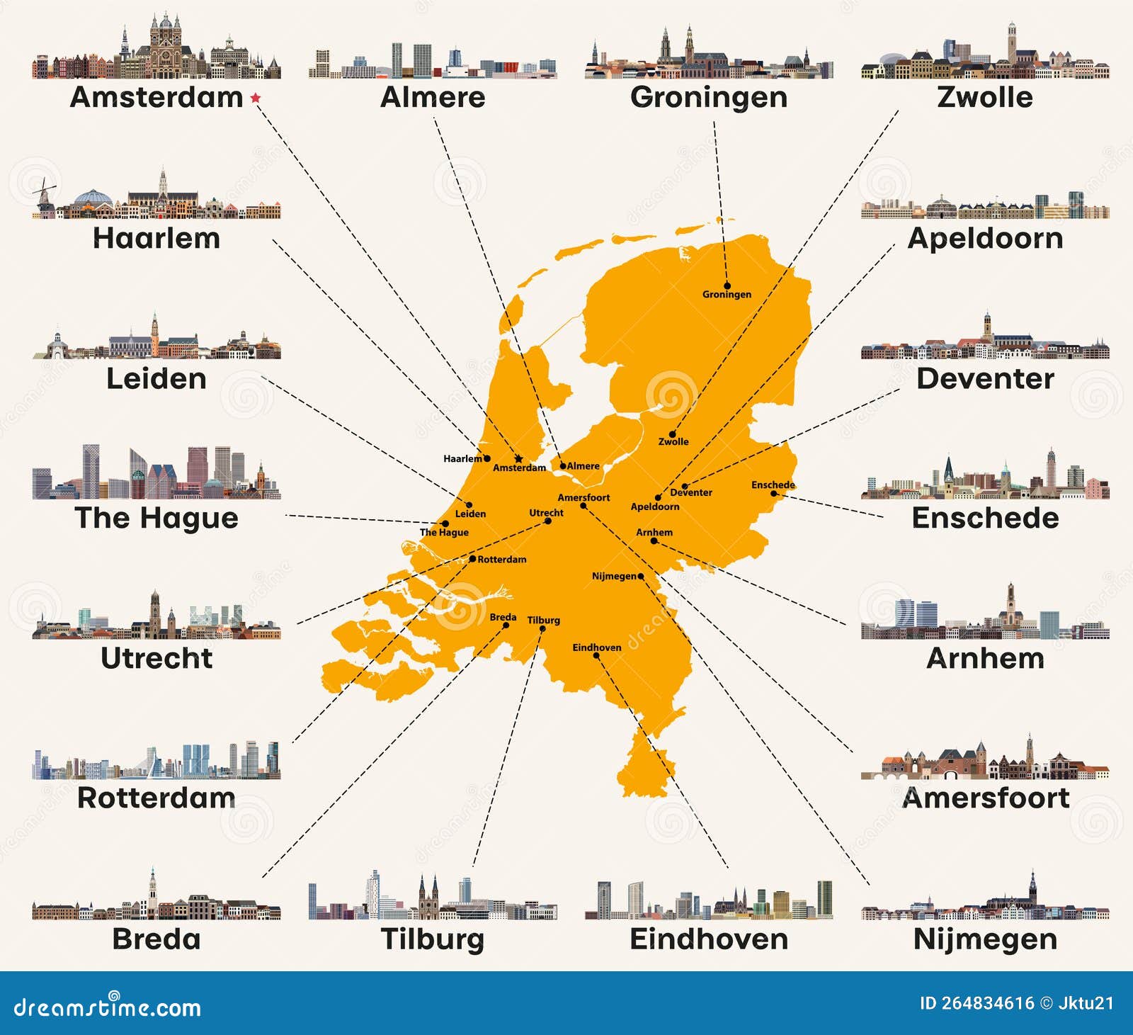 Netherlands Map with Main Cities Skylines. Vector Illustration Stock ...