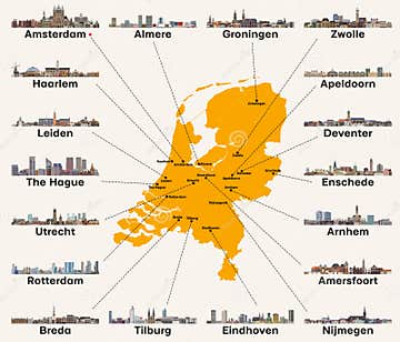 Netherlands Map with Main Cities Skylines. Vector Illustration Stock ...