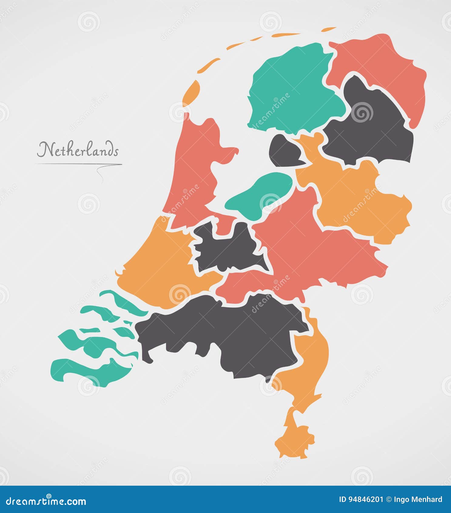 Netherlands Map with States and Modern Round Shapes Stock Vector ...