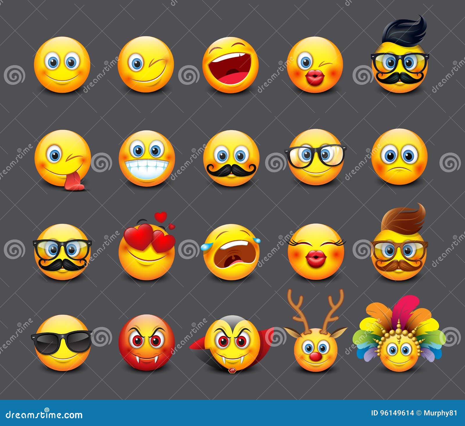 Nette Emoticons Eingestellt, Emoji - Illustration Vektor Abbildung ...