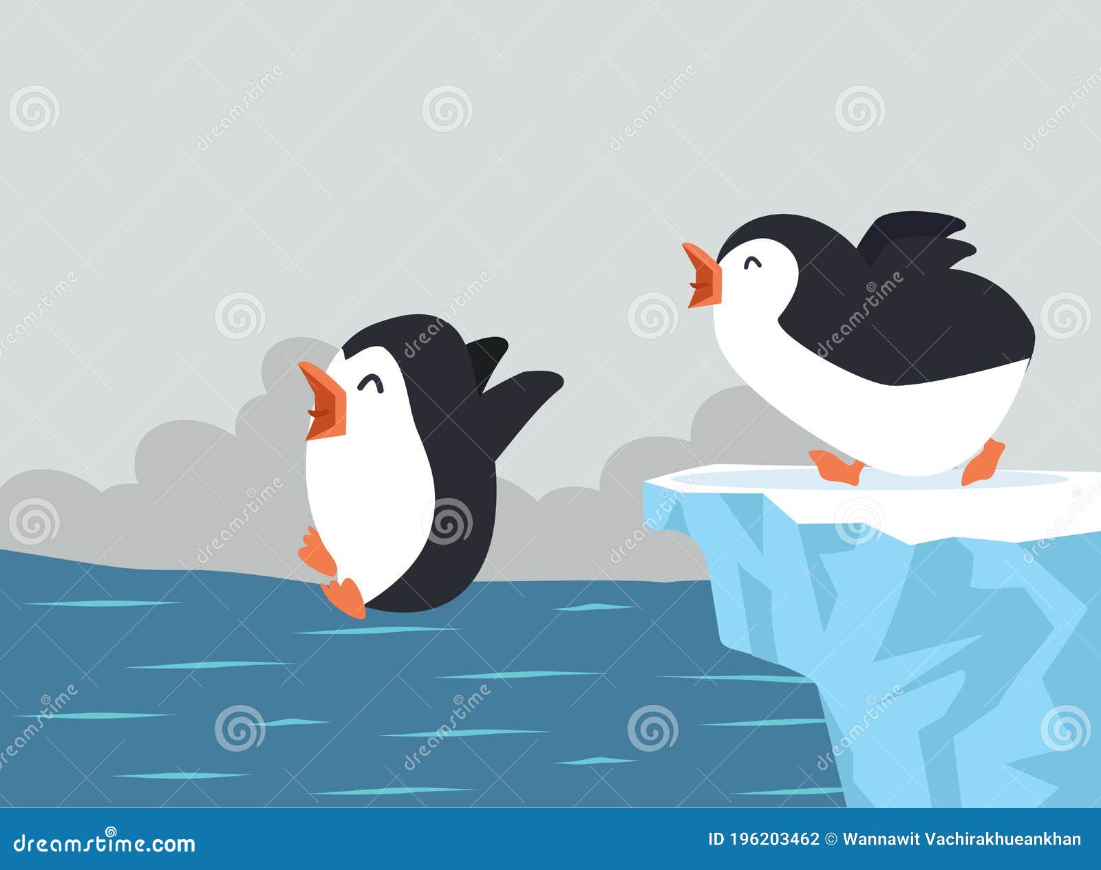 Nette Pinguine, Die Auf Eisberghintergrund Springen. Vektor Abbildung ...