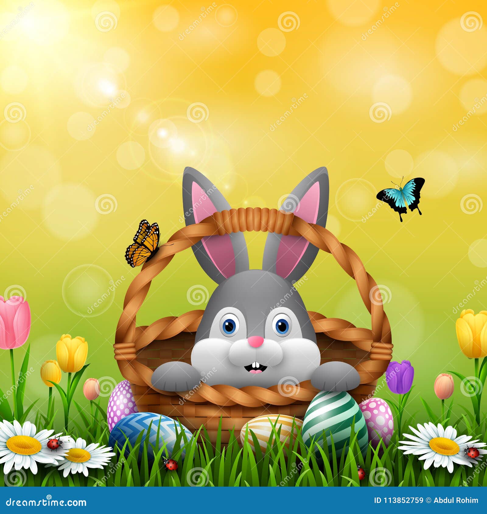Netter Osterhase In Einem Korb Mit Bunten Eiern Auf Dem Gras Vektor ... Netter Osterhase In Einem Korb Mit Bunten Eiern Auf Dem Gras Vektor ...