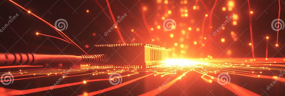 Network Cables and a Router are Highlighted with Vibrant Glowing Lines ...