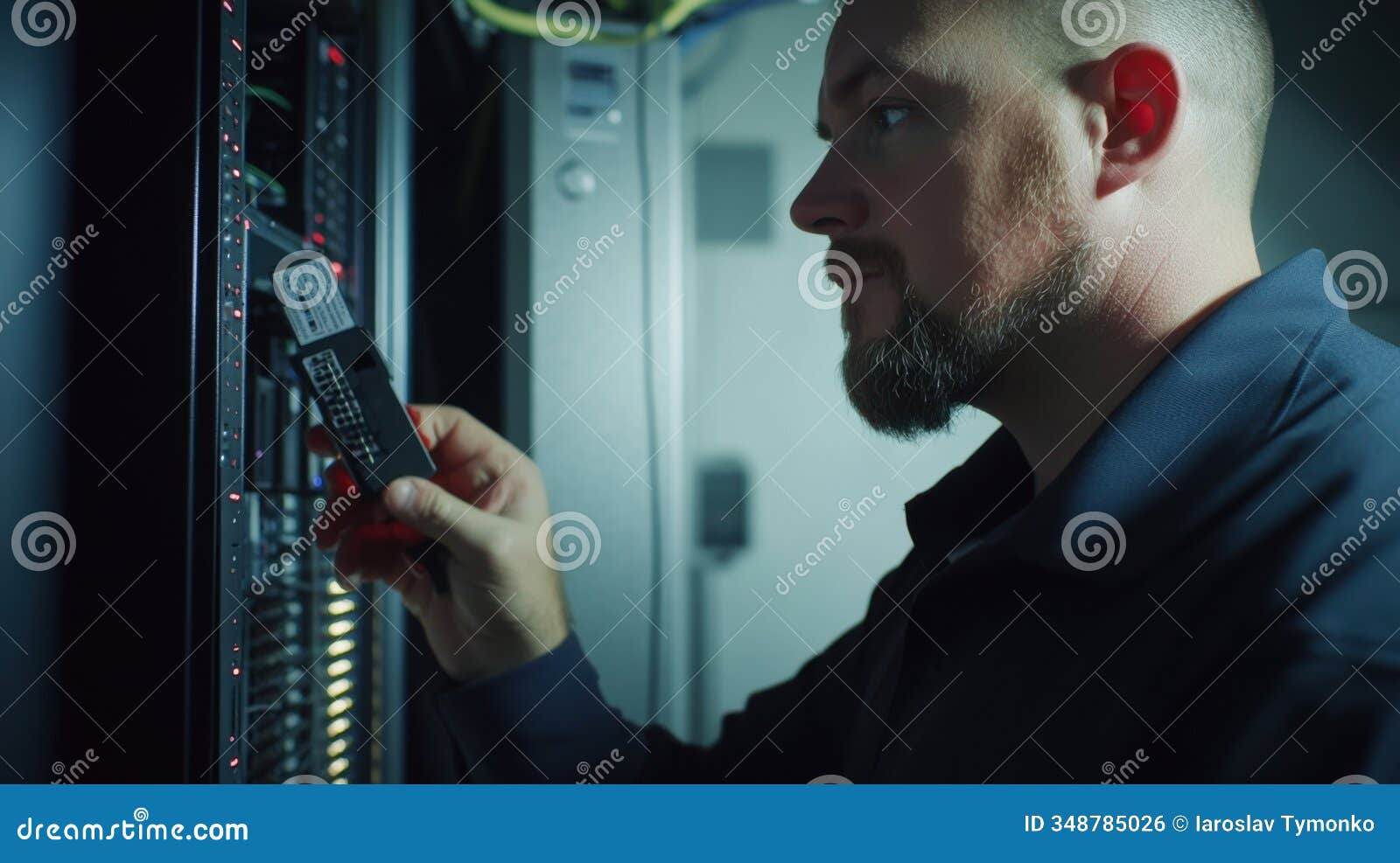 A Network Cabling Technician Conducting Network Assessment in a Server ...