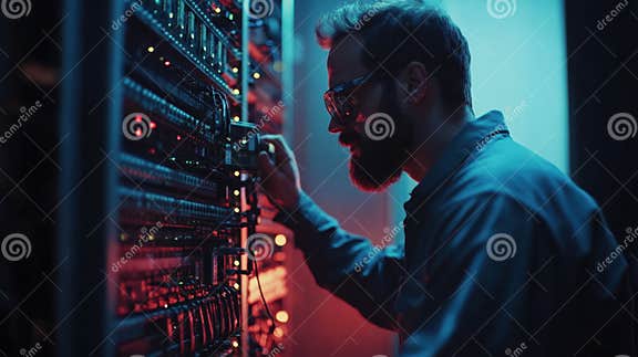 A Network Cabling Technician Conducting a Network Assessment in a Server Room, the Technician is ...