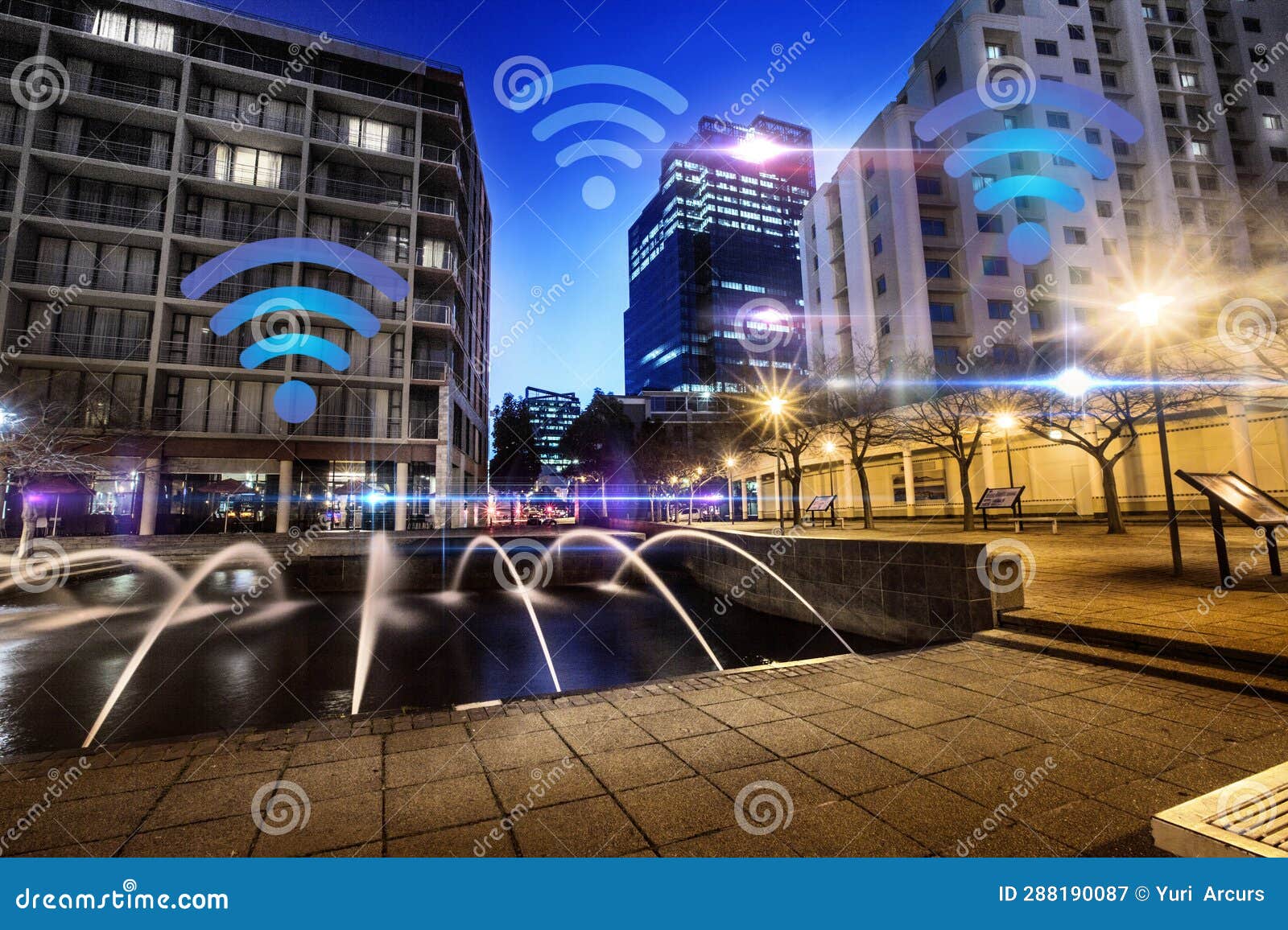 Network, City and Wireless Internet at Night with Neon Overlay, Lights ...
