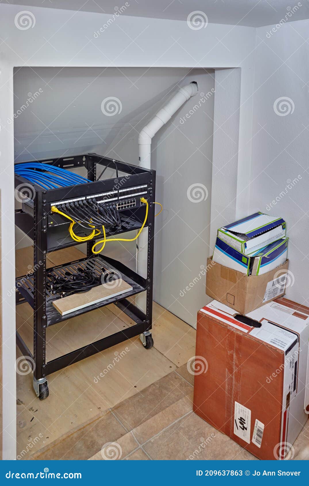 Network Closet Under the Stairs Stock Image - Image of wiring, blue ...