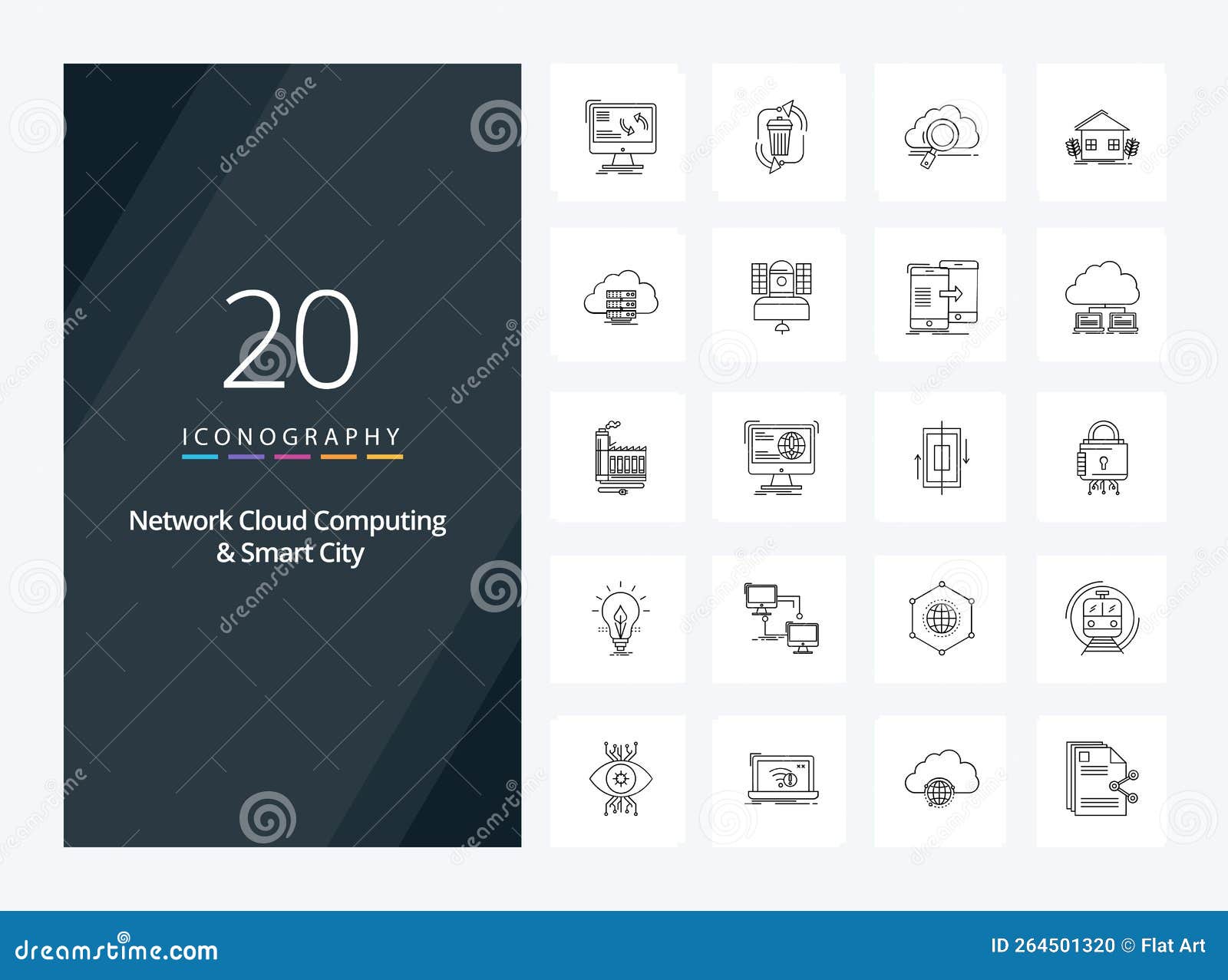20 Network Cloud Computing and Smart City Outline Icon for Presentation. Vector Line Icons ...