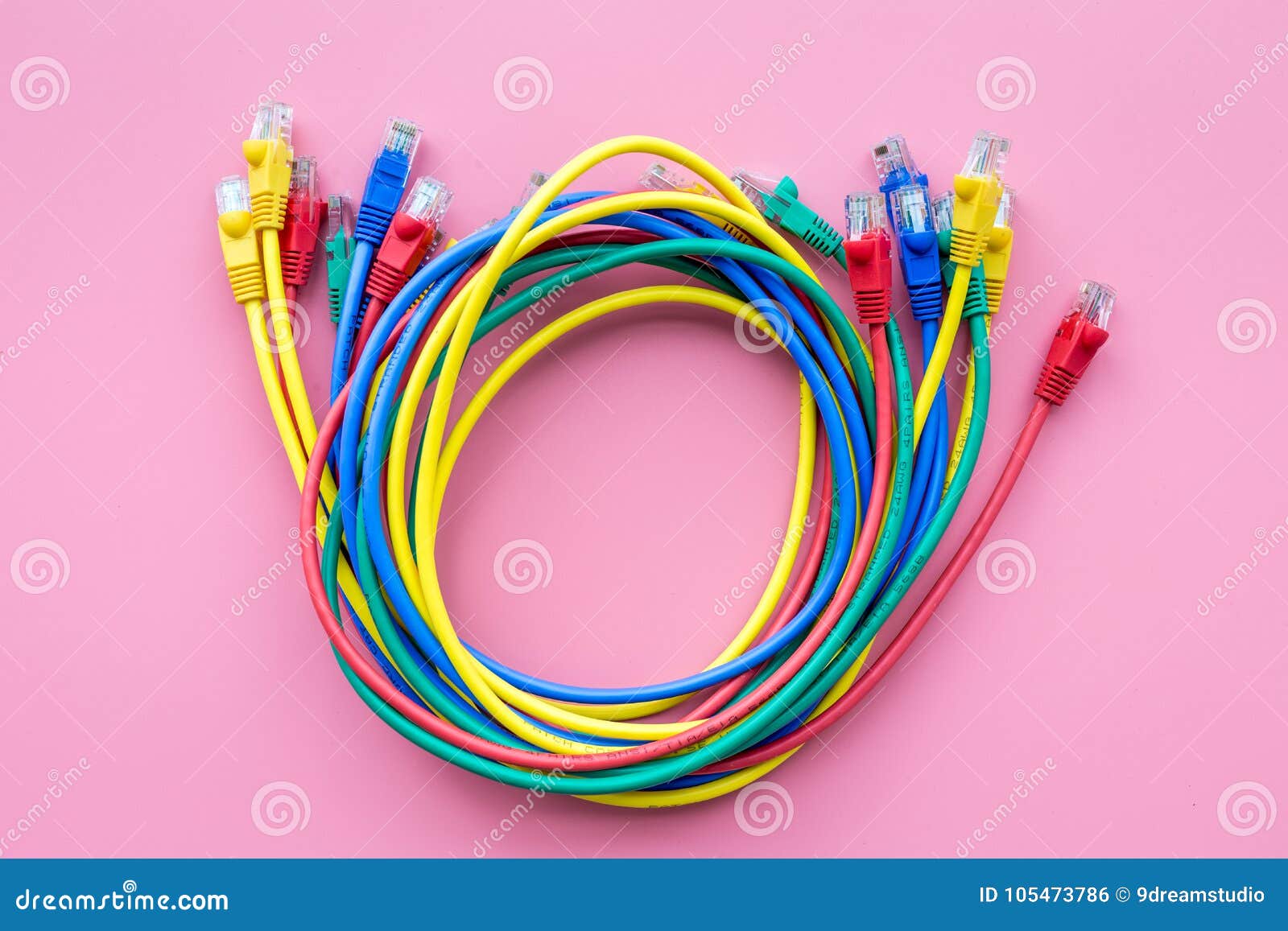 Network Colored Cables for Computer on Pink Background Top View Stock ...
