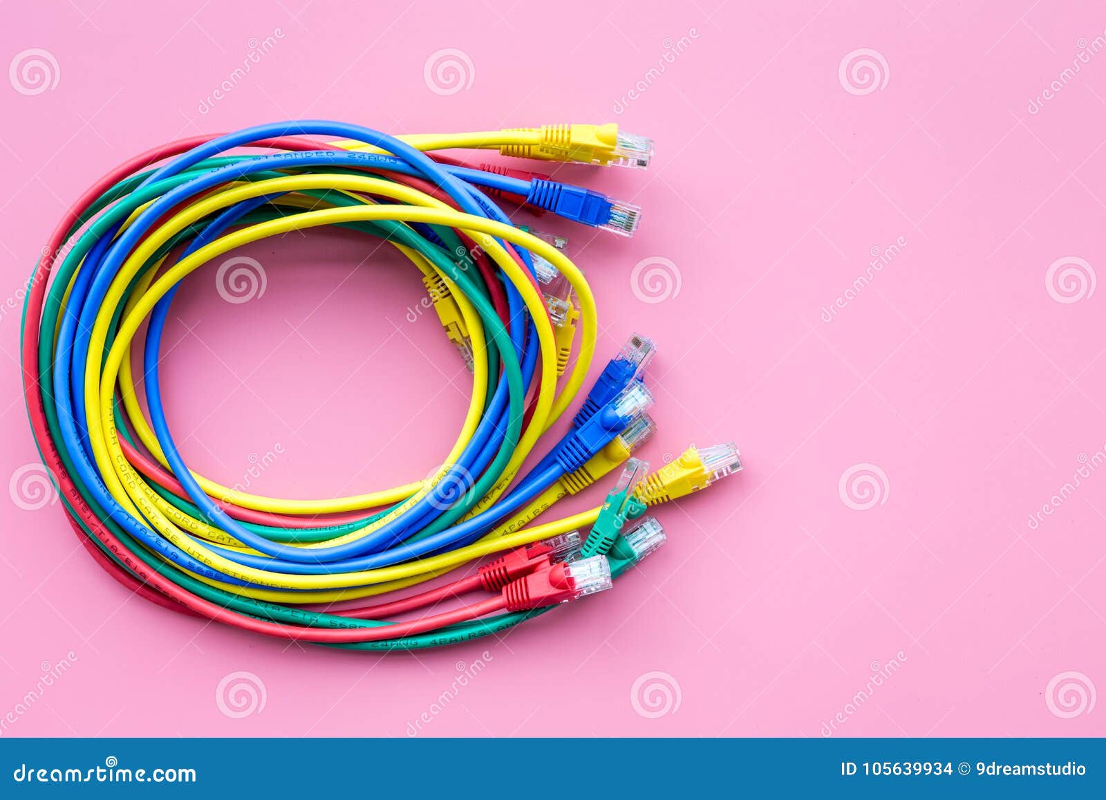 Network Colored Cables for Computer on Pink Background Top View ...