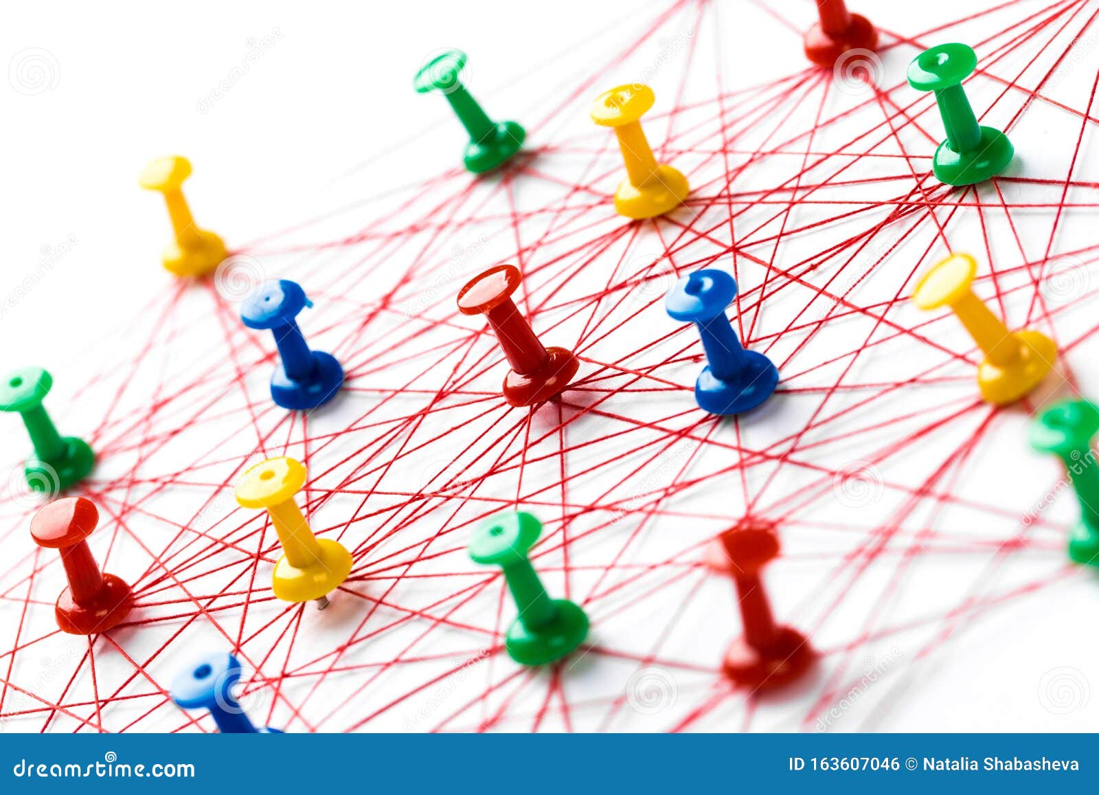 Network with Colorful Pins and String, Linked Together with String on a ...