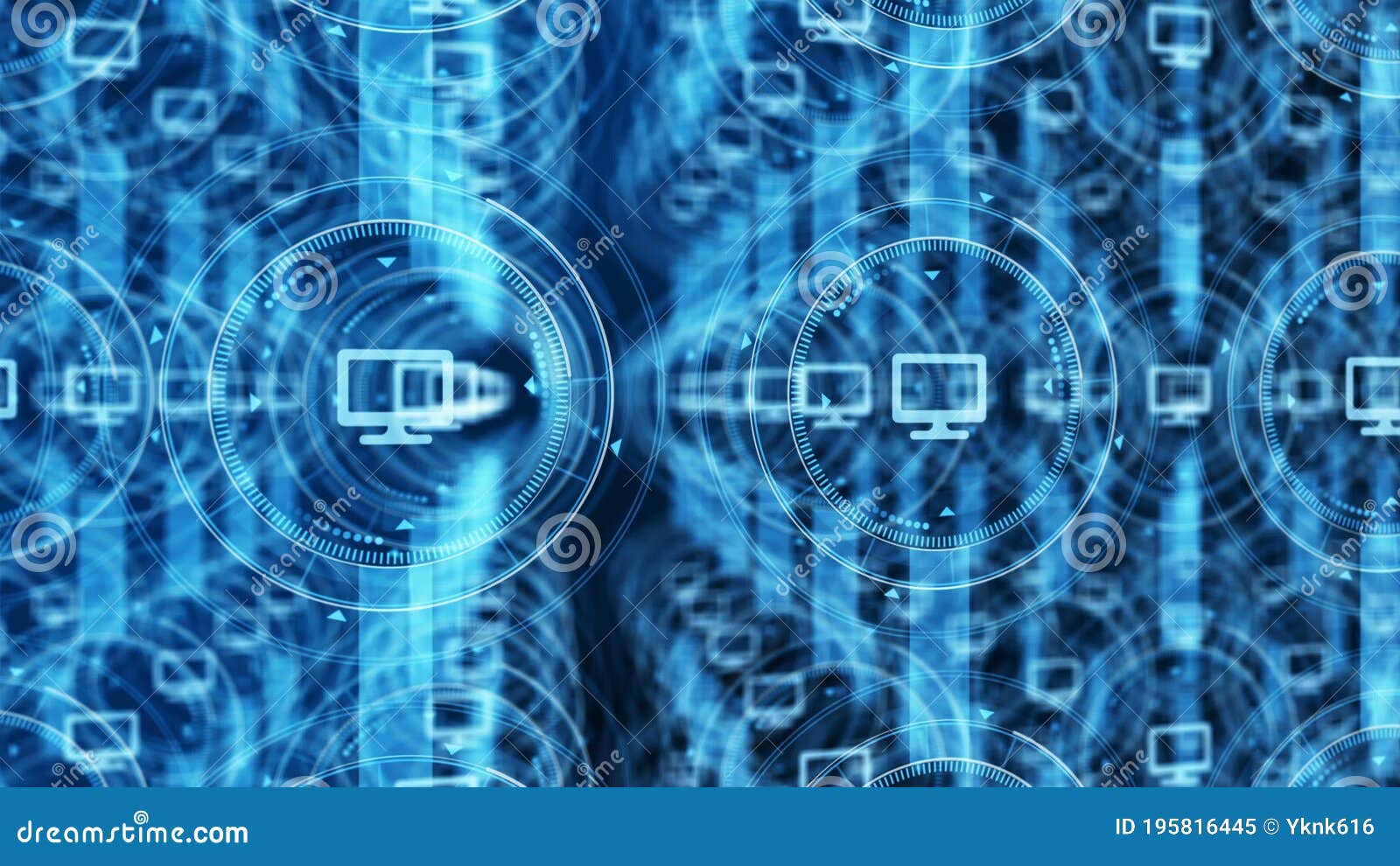 Network Community. Remote Work Concept. Desktop PC and Laptops. Loop ...