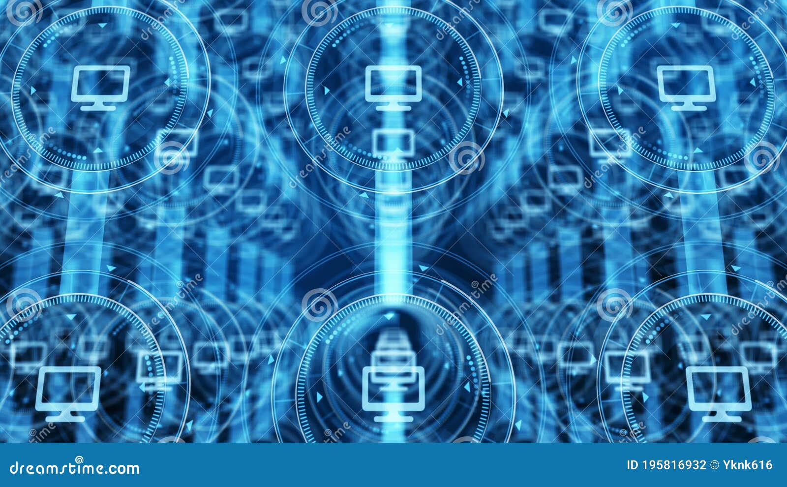 Network Community. Remote Work Concept. Desktop PC and Laptops. Loop ...