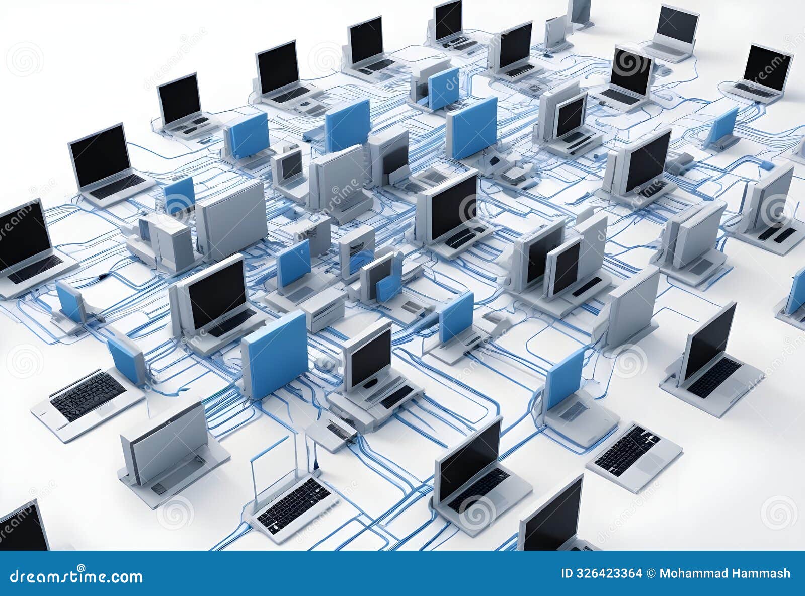 A Network of Computers and Laptops Interconnected by Blue Lines Against ...