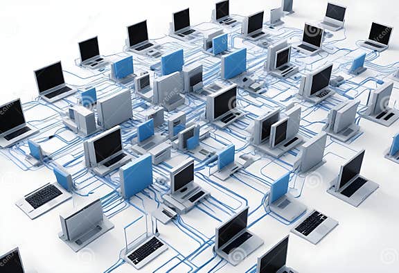 A Network of Computers and Laptops Interconnected by Blue Lines Against ...