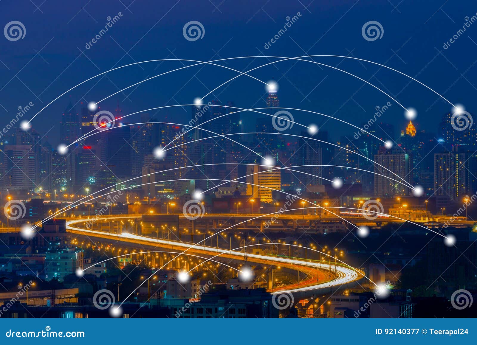 Network Conection Concept on Aerial View of Cityscape Business D Stock ...