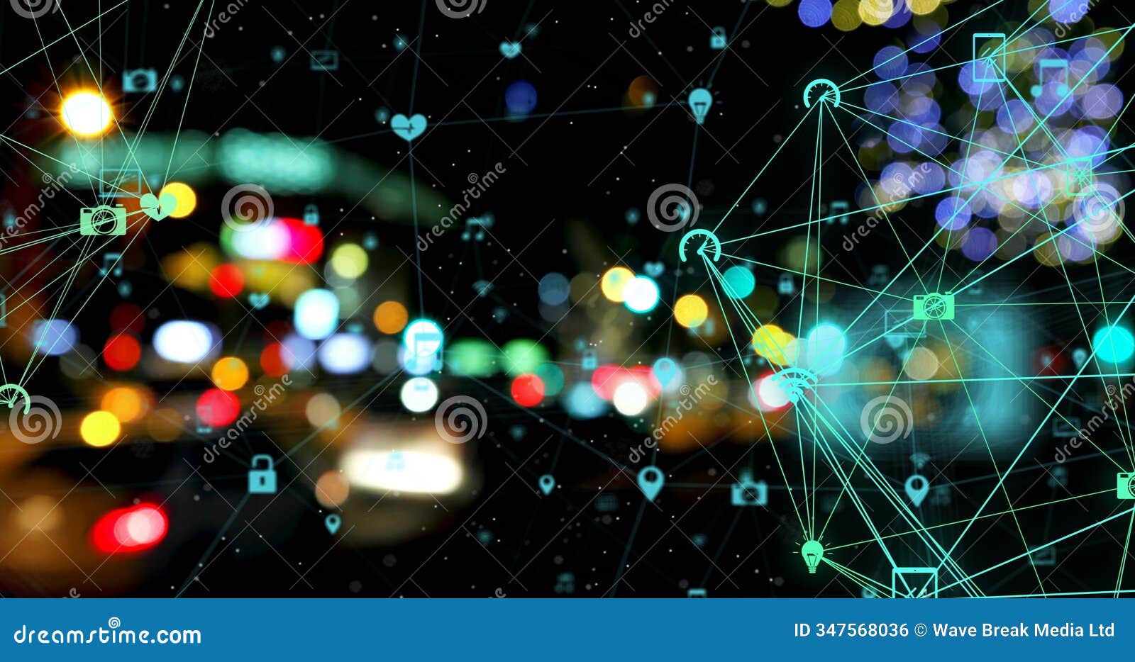 Network of Connected Devices and Icons Image Over Blurred City Lights ...