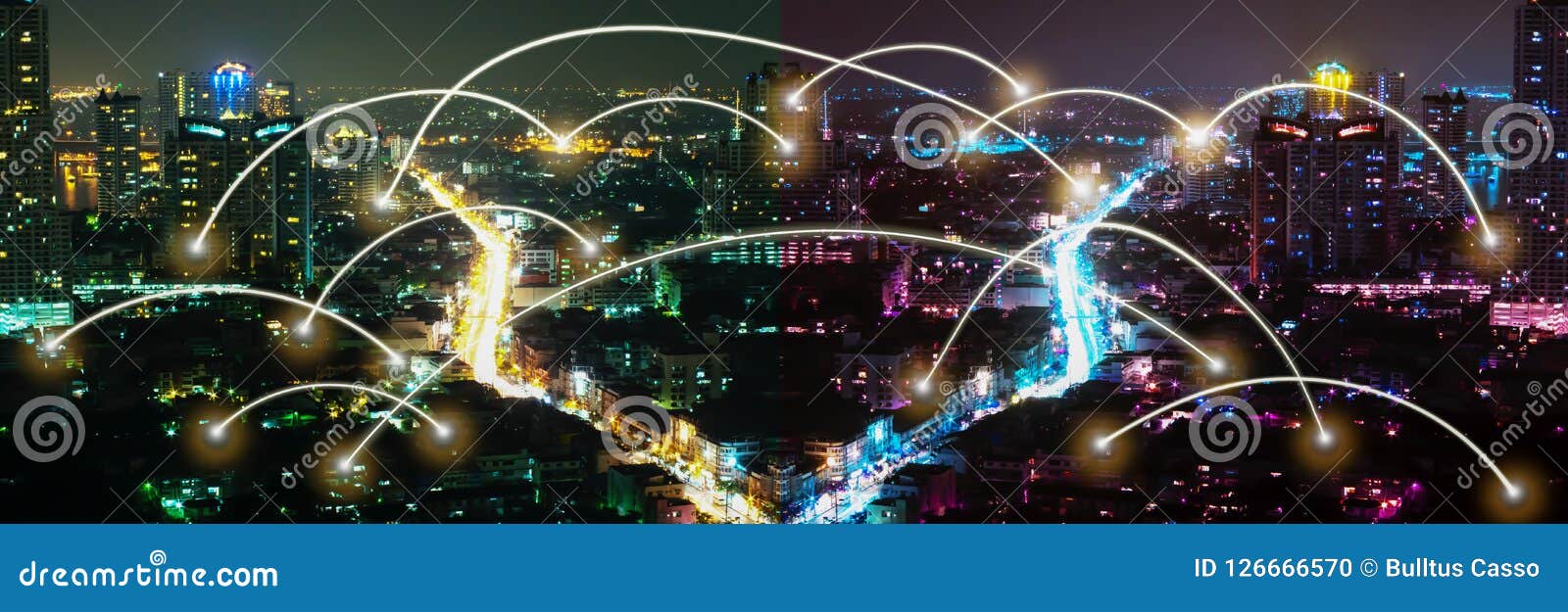 Network Connection with Building at the City in the Night Time. Stock ...