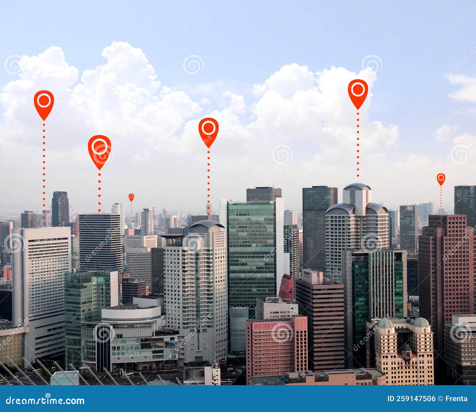 Network Connection Concept. Aerial View on Osaka with Location Pin ... Network Connection Concept. Aerial View on Osaka with Location Pin ...
