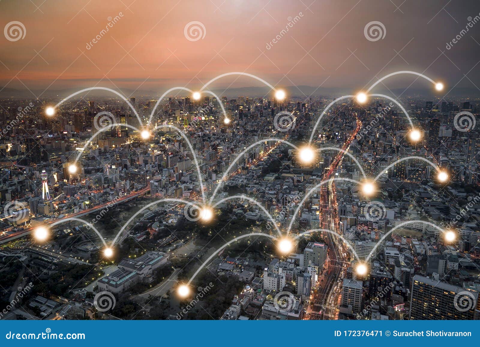 Network Connection Curve Light Line at the Top of the Building and ...