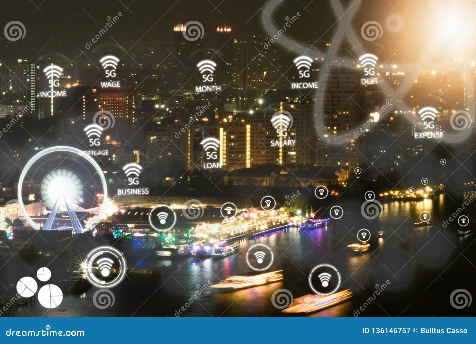 Network Connection 5g Wireless with Building at the City in the Night ...