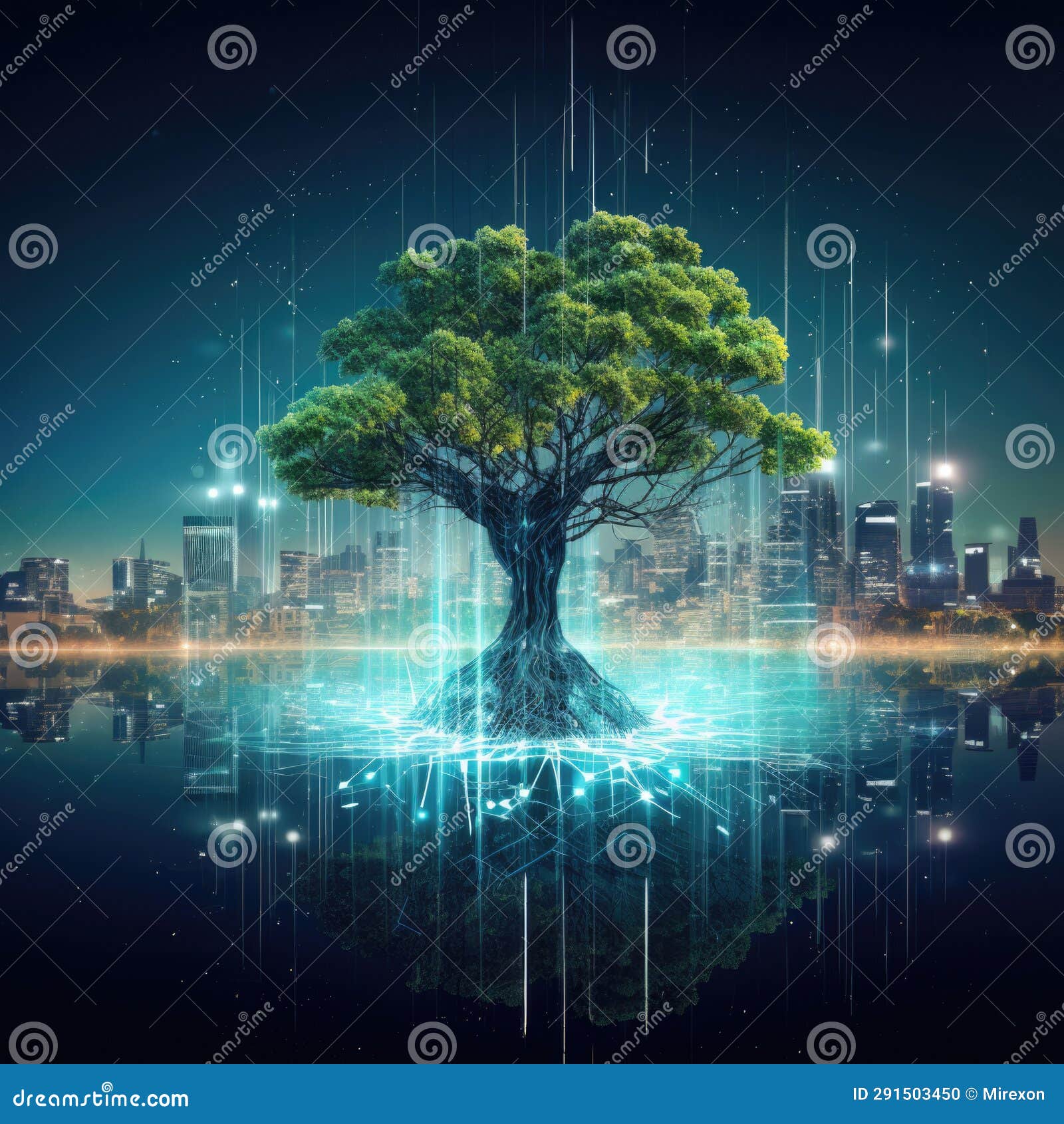 Network Connection Technology or Big Data Concept, Blue Cyber Tree with ...